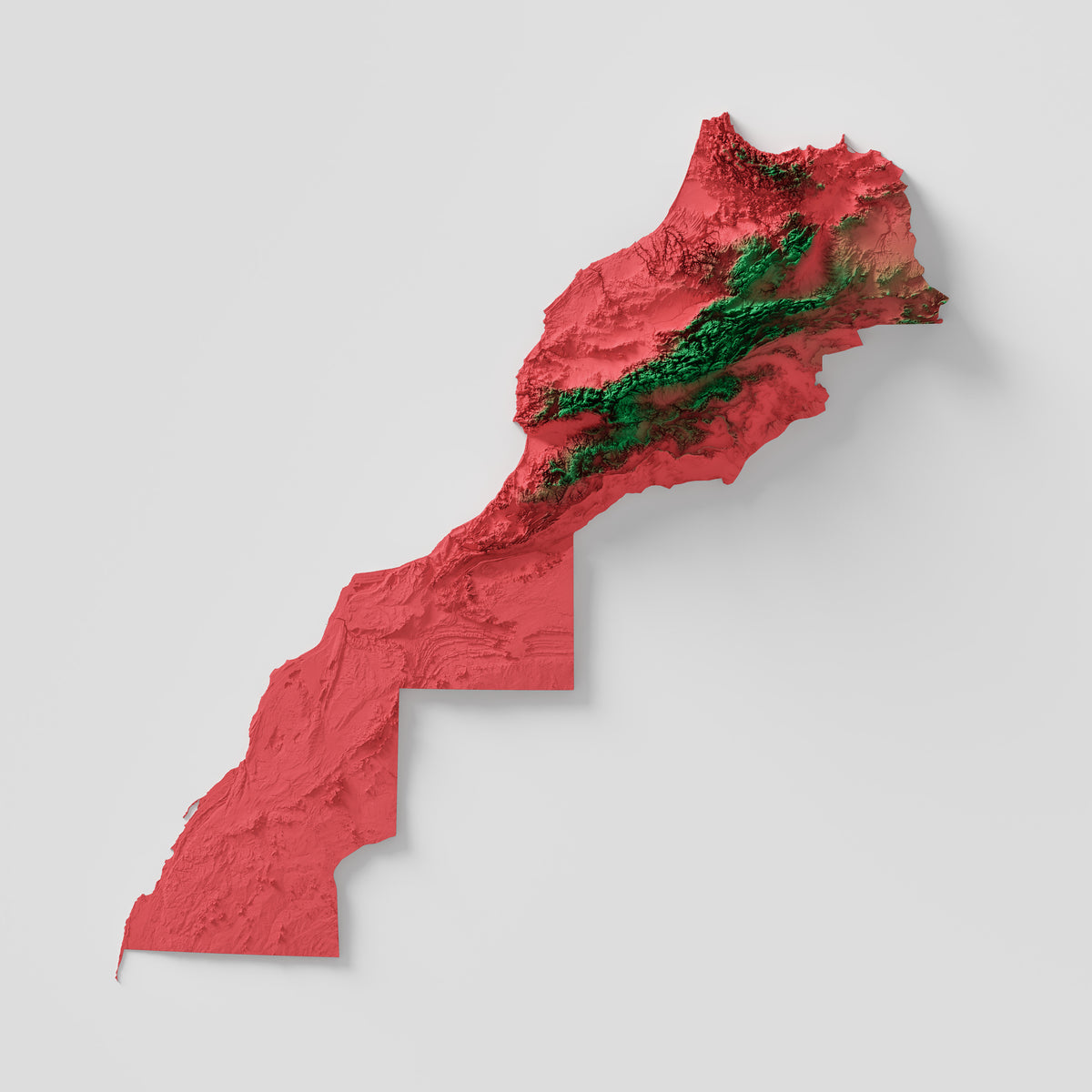 Morocco Shaded Relief Colourized (Flag Colours) – Visual Wall Maps Studio