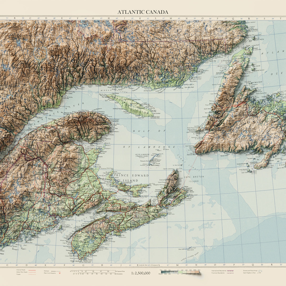 Atlantic Canada Topographic Map c. 1956 – Visual Wall Maps Studio