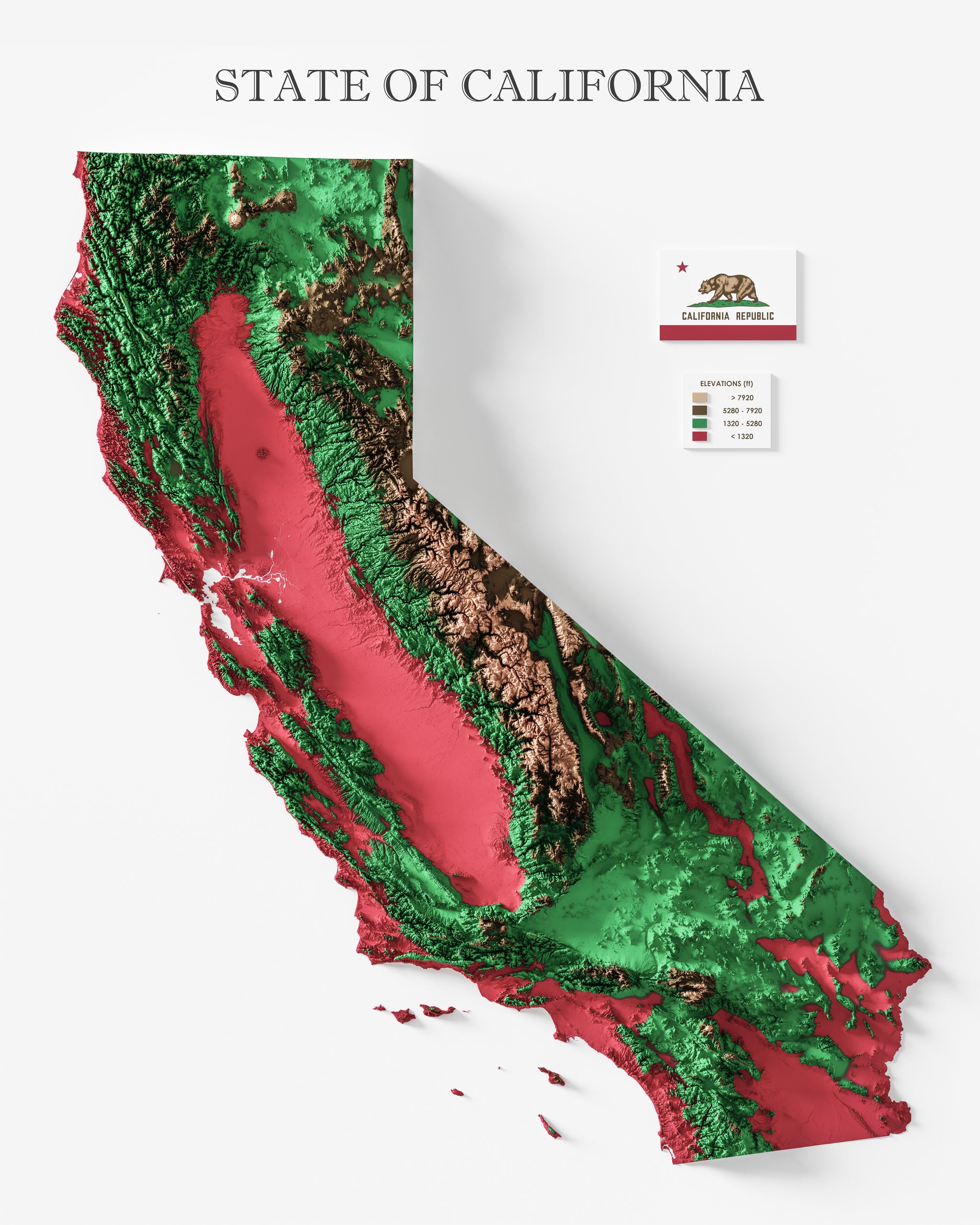 California Shaded Relief (State Flag Colors) – Visual Wall Maps Studio