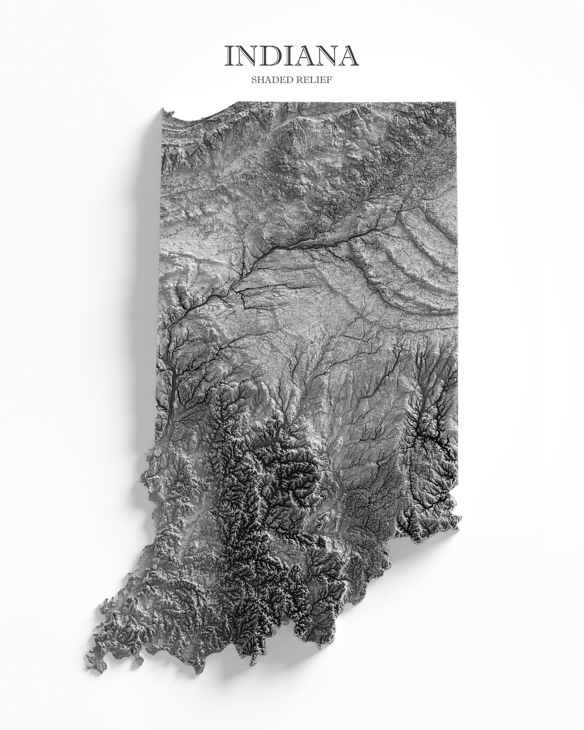 Indiana Shaded Relief (Black & White) – Visual Wall Maps Studio
