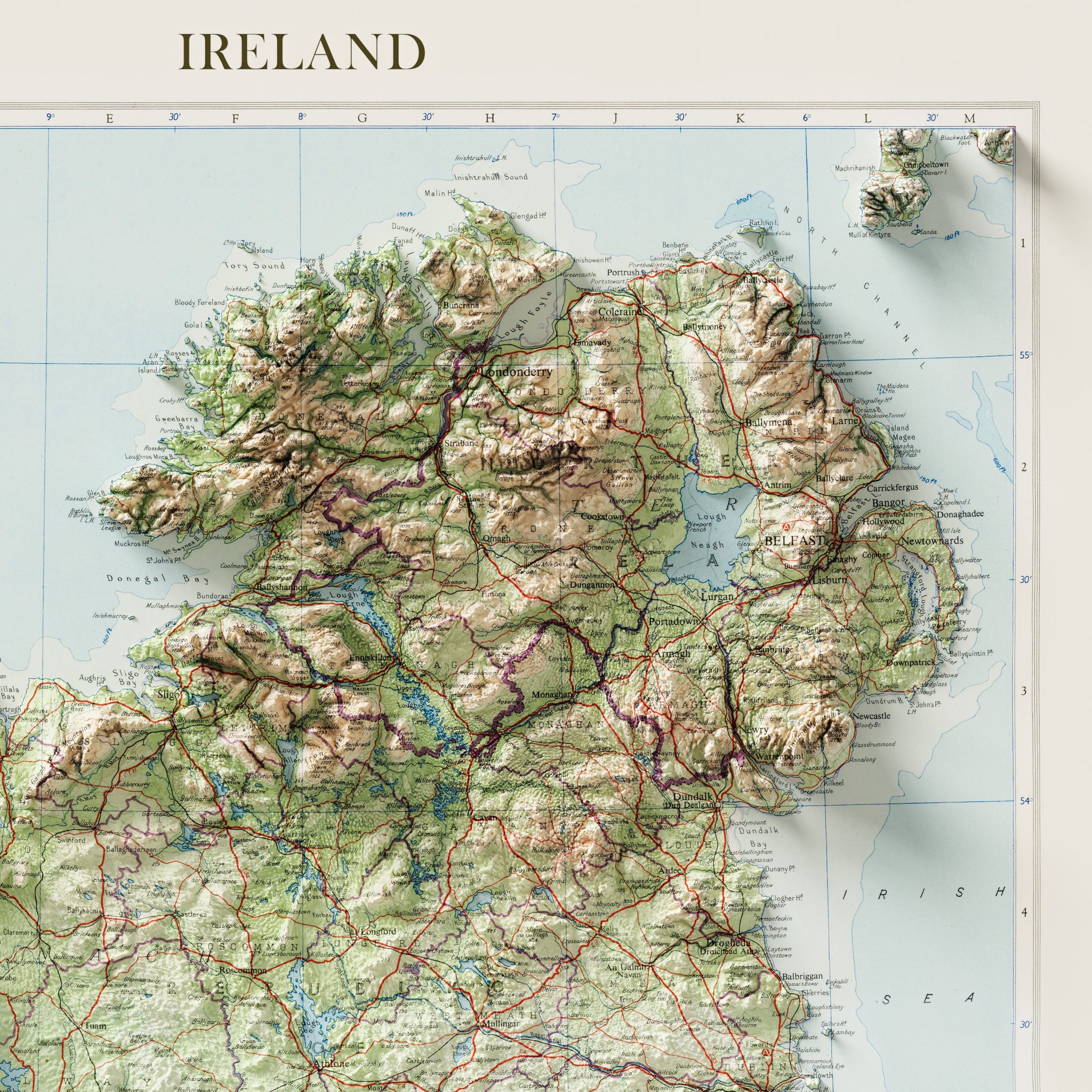 Vintage Topographic Map of Ireland (c.1955) – Visual Wall Maps Studio