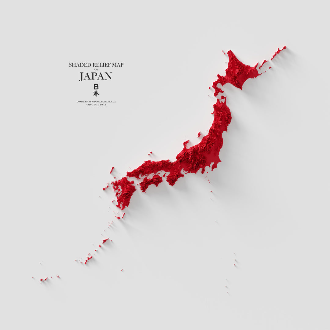 Japan Shaded Relief Colourized (Flag Colours) – Visual Wall Maps Studio