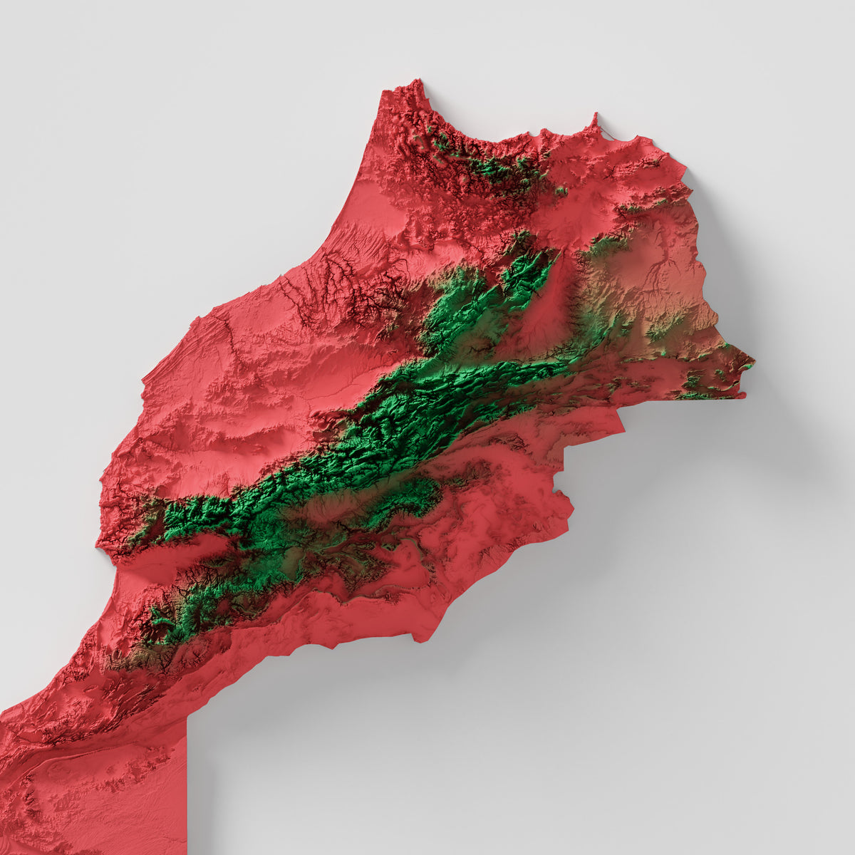 Morocco Shaded Relief Colourized (Flag Colours) – Visual Wall Maps Studio