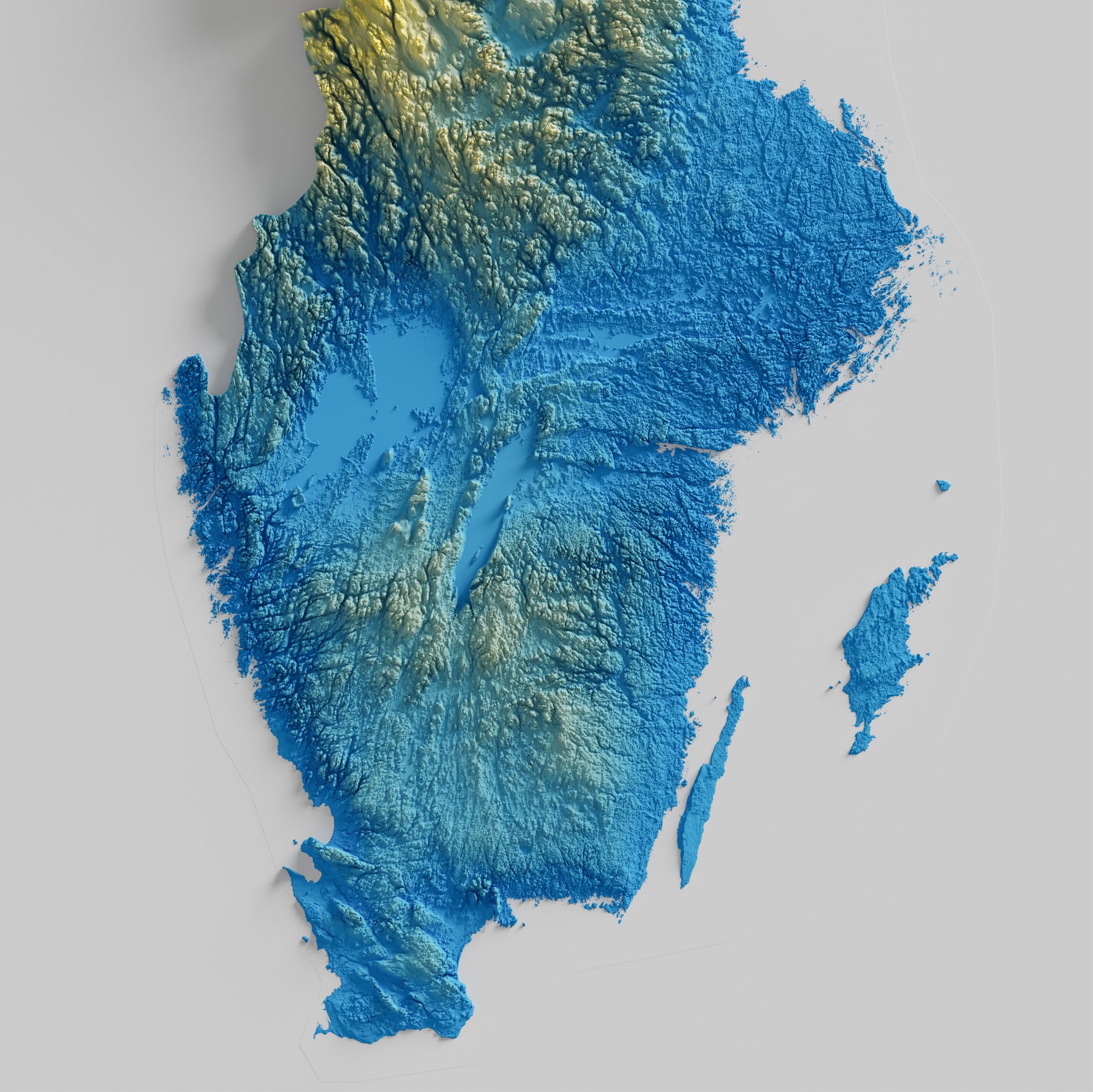 Sweden Shaded Relief Colourized (Flag Colours) – Visual Wall Maps Studio